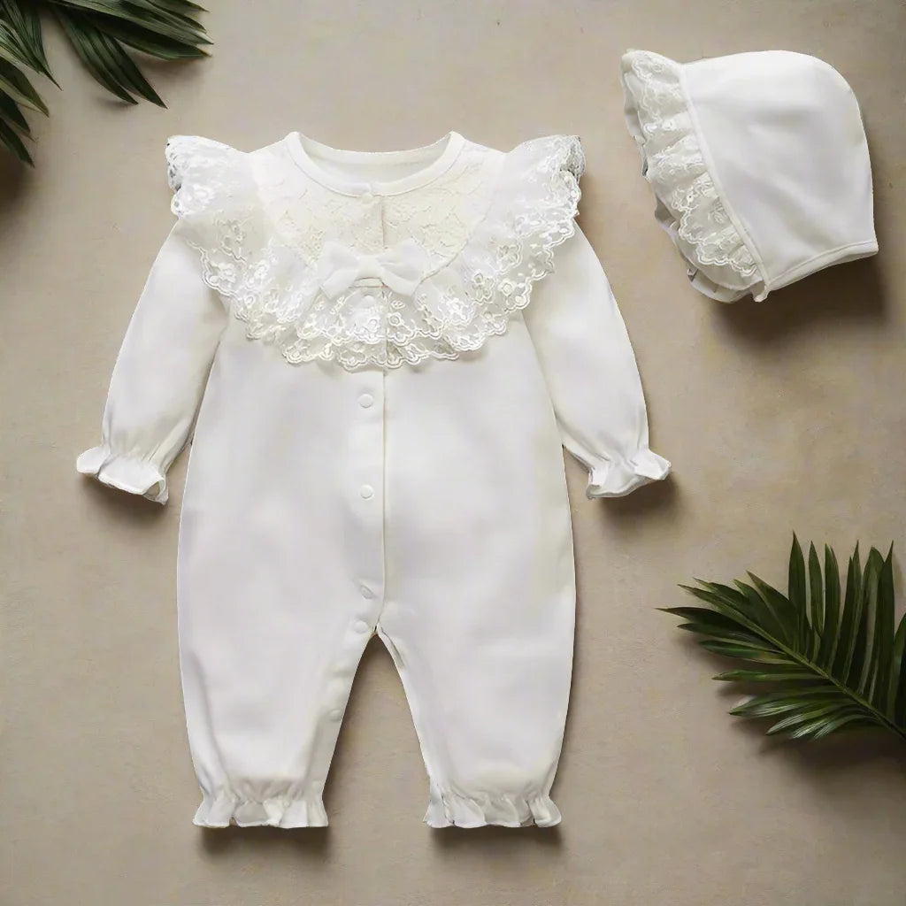 Ruffled Lace Romper & Bonnet Set - Shop Online at Belle Baby | Belle Baby